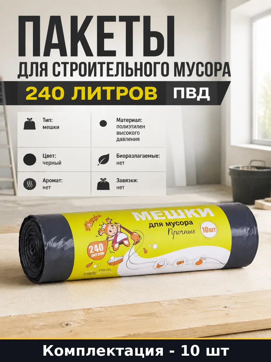 Пакеты для строительного мусора 240 литров 10 шт ПВД
