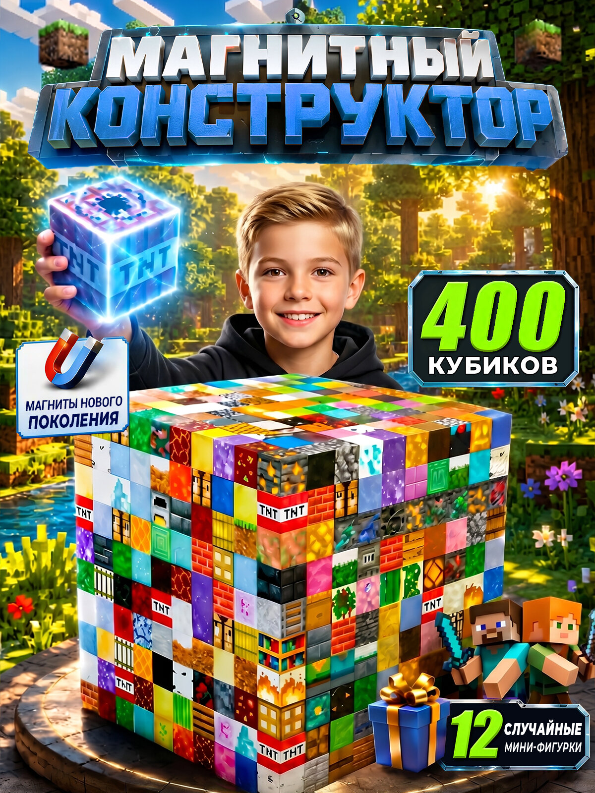 Magnitnyy konstruktor 400 detaley s usilennymi magnitami 12 figurki razvivayushchiy podarok