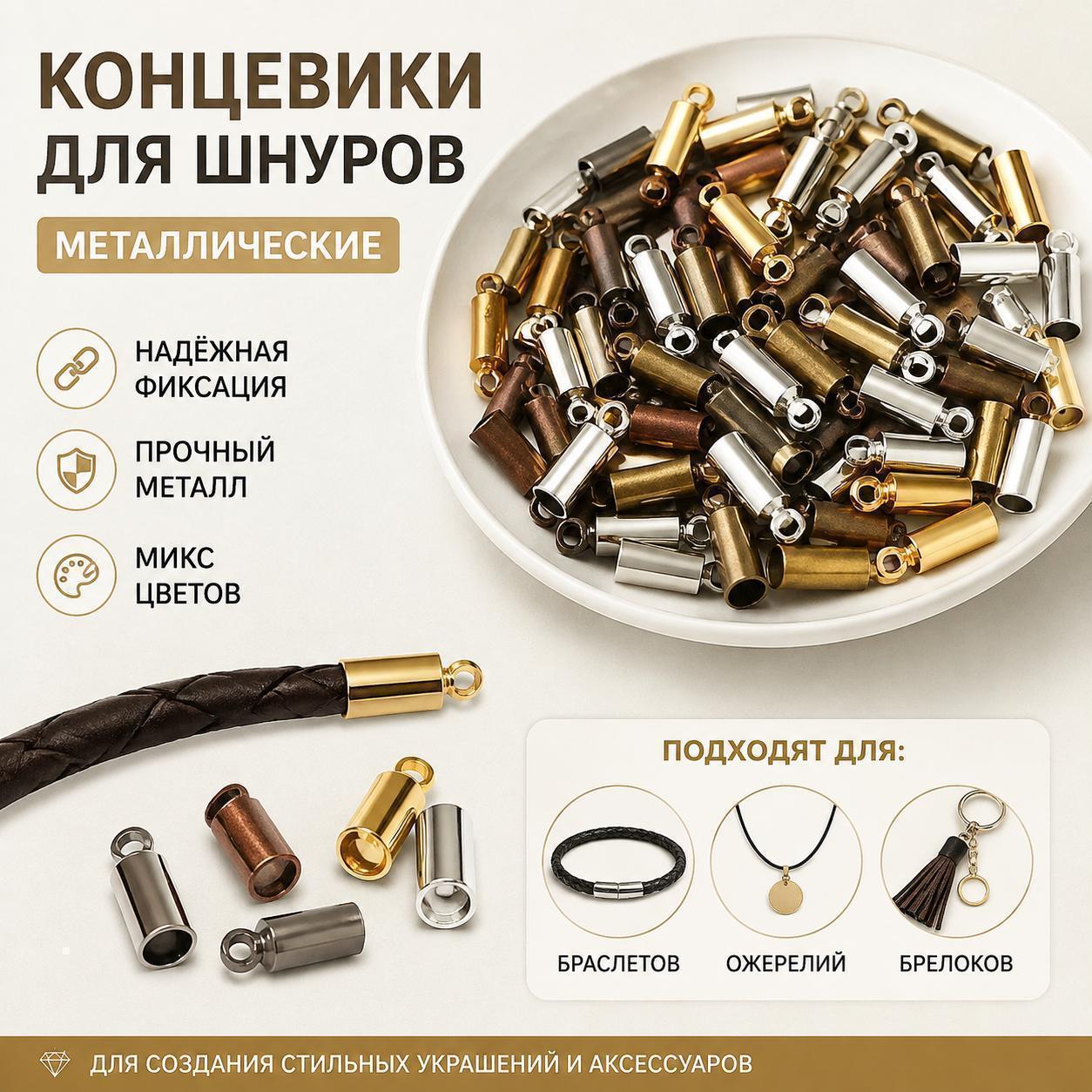 Набор 96 шт. металлических зажимных концевиков для шнура и кожаного ремешка, цилиндрические наконечники с петлей, фурнитура для изготовления украшений, микс цветов