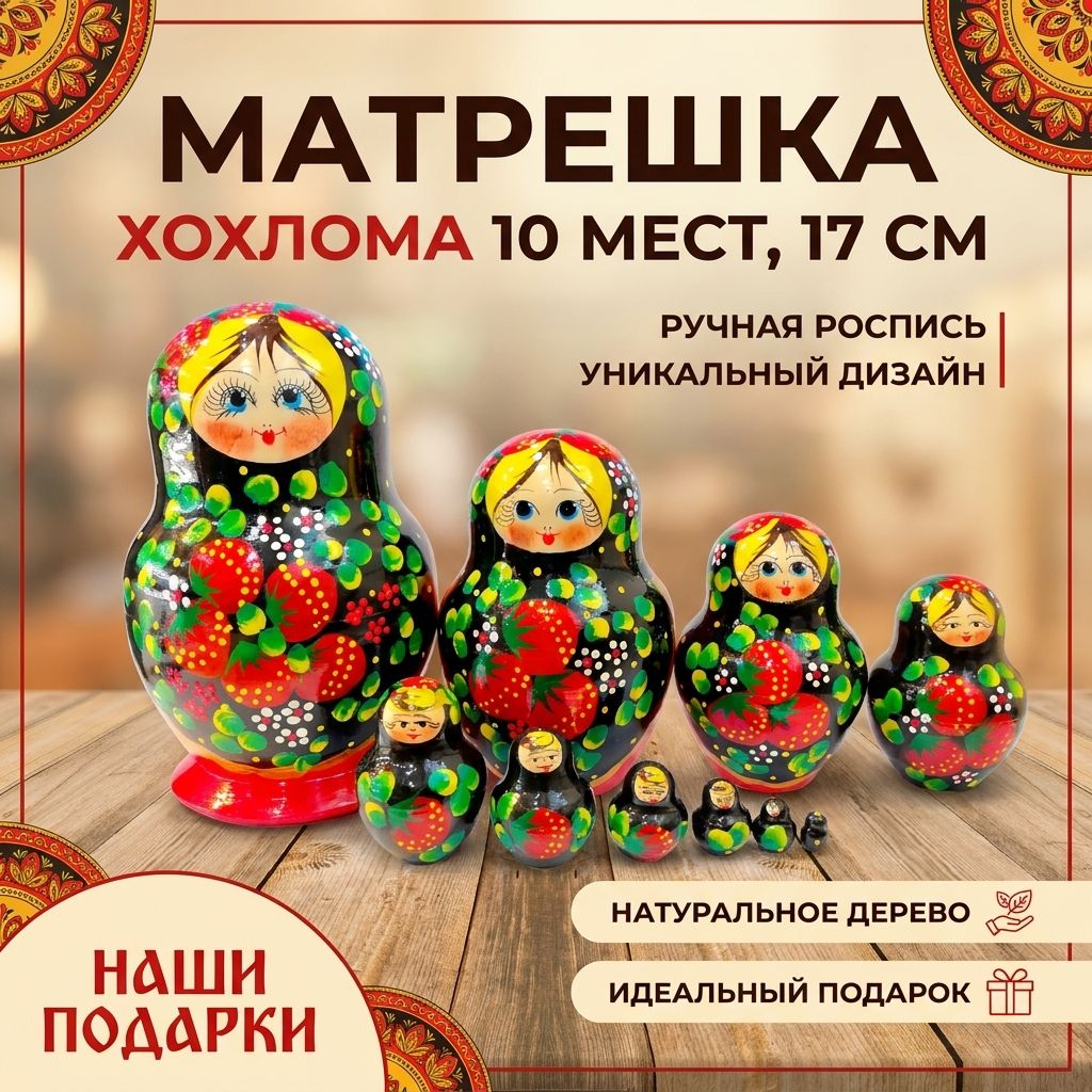 Матрешка Хохлома 17 см. 10 мест