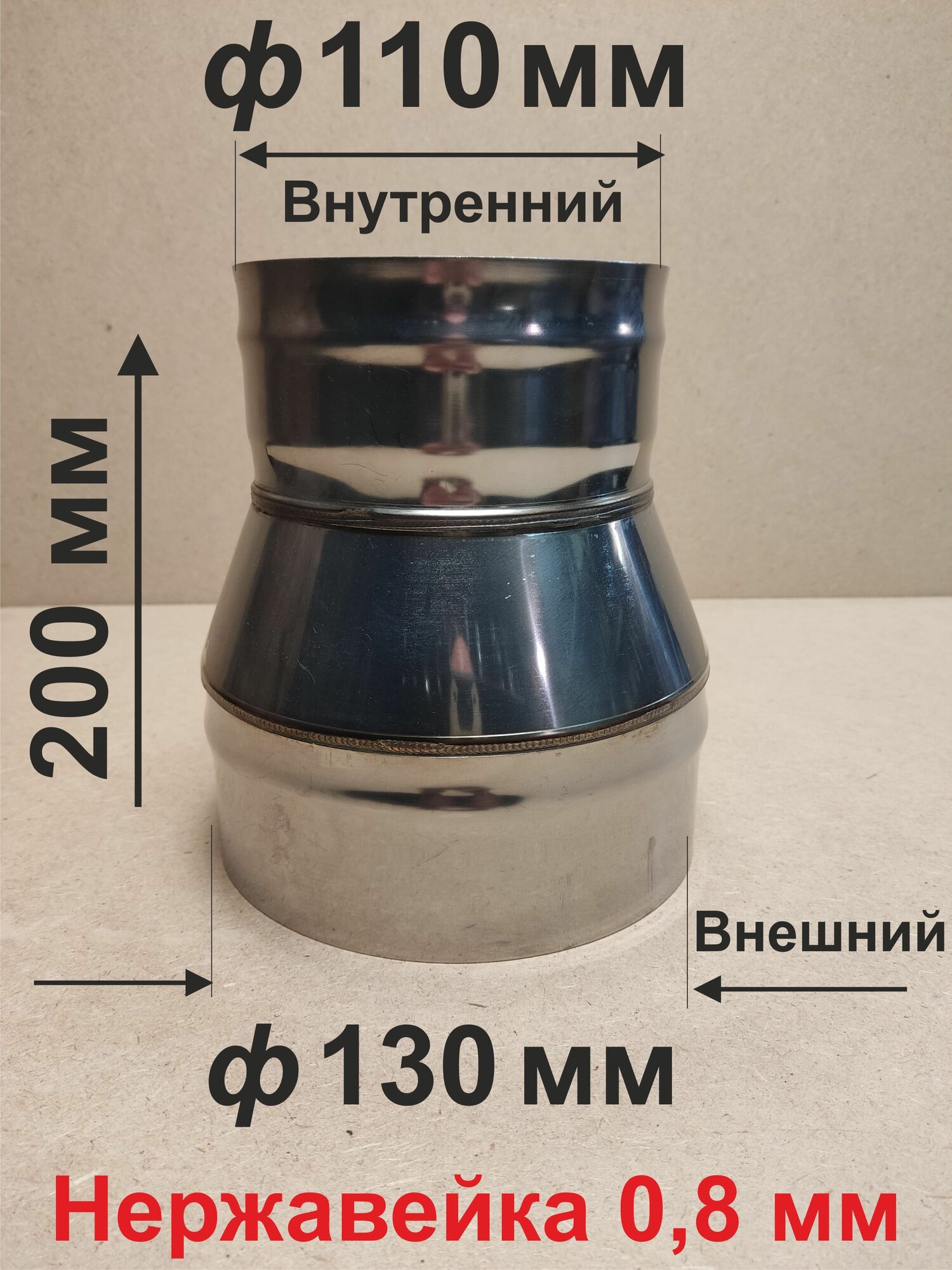 Переход ф 130/110 мм П/М для дымовых труб нержавейка 0,8 мм