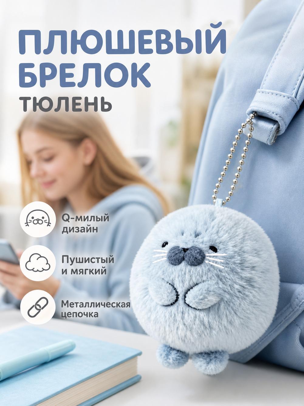 Брелок плюшевый Белый морской котик на сумку и рюкзак / мягкая игрушка-подвеска тюлень.