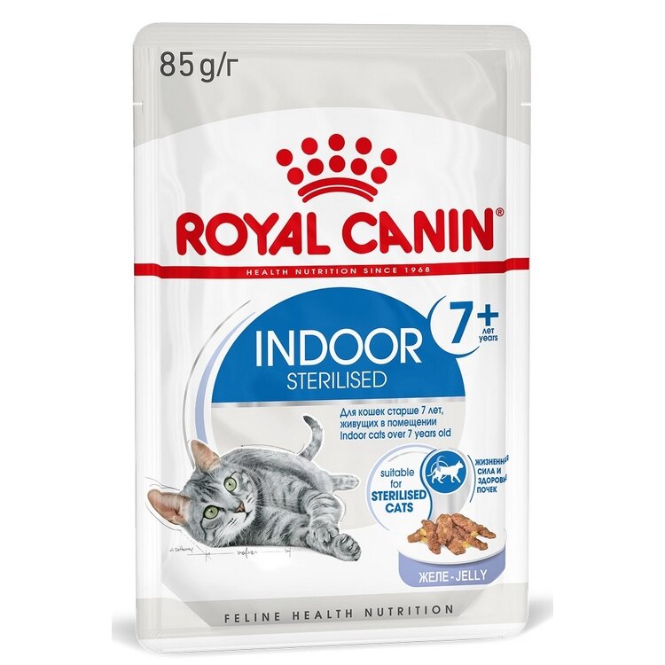 Royal Canin Indoor 7+ / Влажный корм (Консервы-Паучи) Роял Канин Индор для Стерилизованных Пожилых кошек старше 7 лет Живущих в помещении в Желе (цена за упаковку) фас. 85г х 28шт