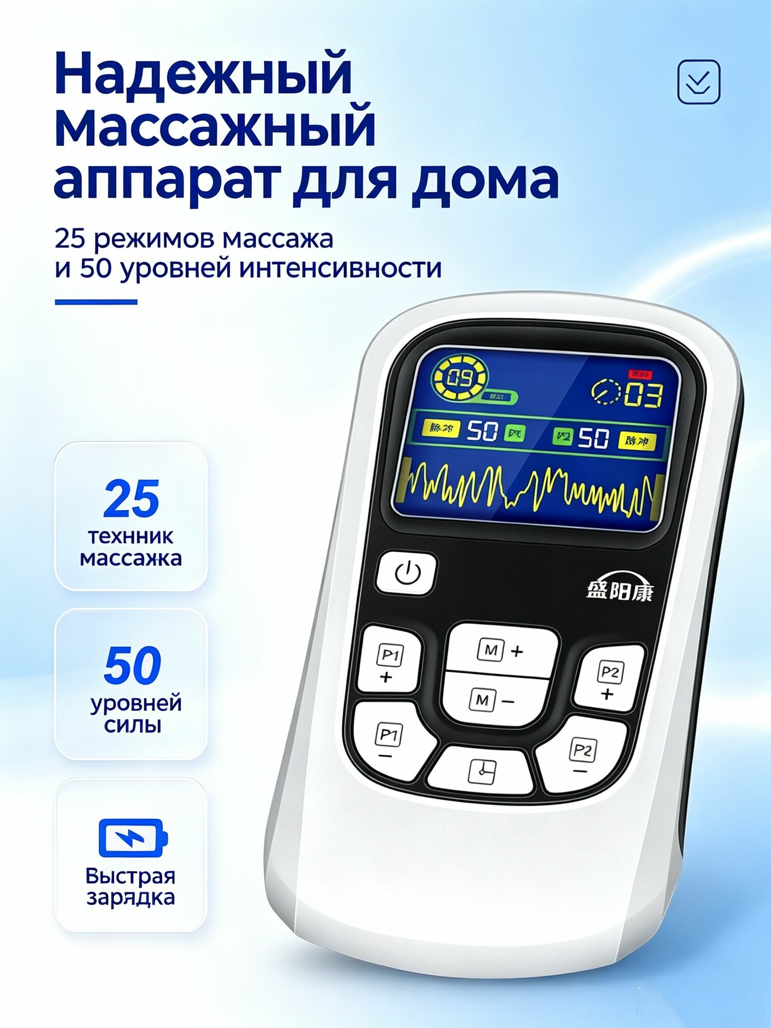 Массажный аппарат SYK-2012A: 25 режимов 50 уровней 200 сеансов 2 человека 2000 мАч.