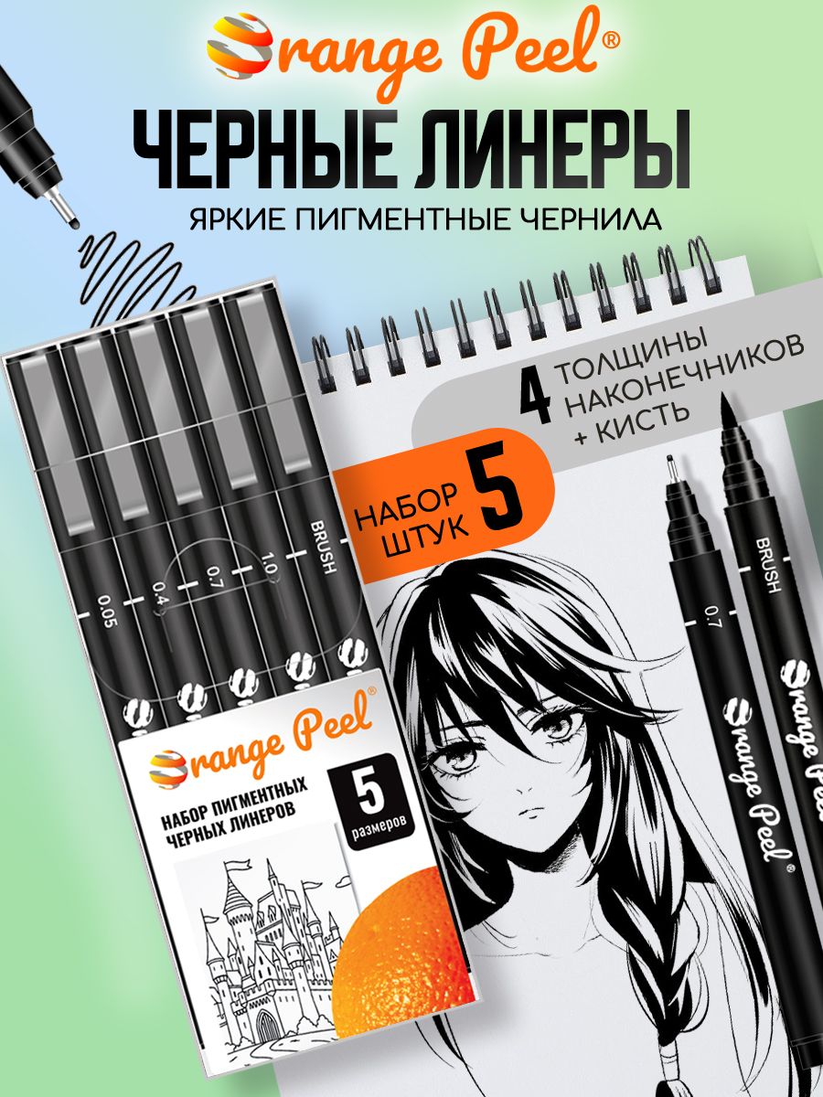 Линеры пигментные для скетчинга, черные капиллярные ручки набор 5 шт.