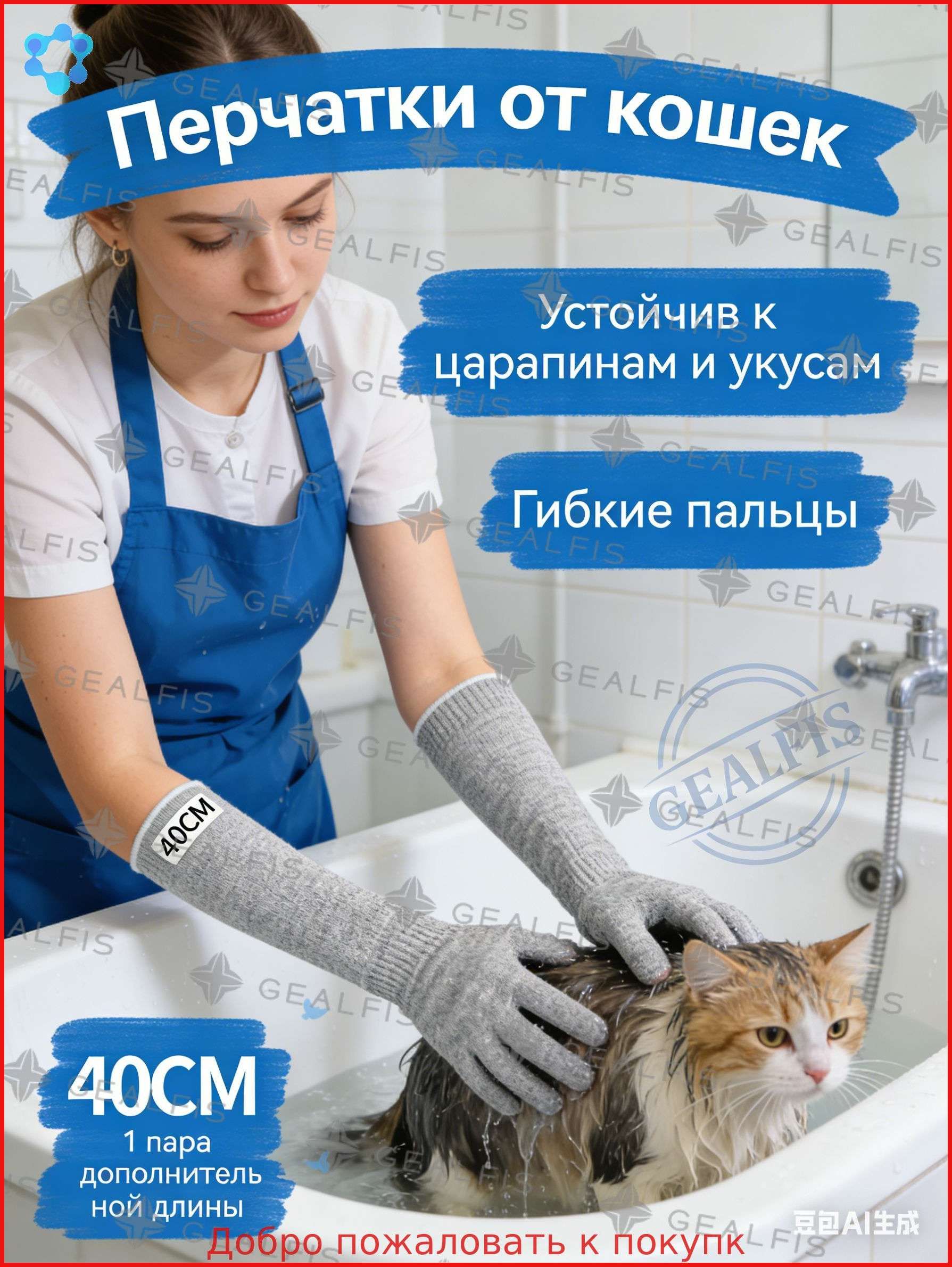 Защитные перчатки для мытья кошек и собак 40 см длинные от царапин укусов набор гигиены питомца