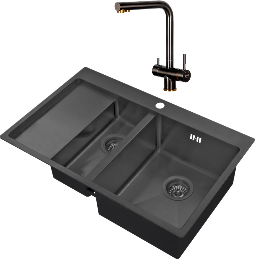 Комплект Мойка Zorg Inox PVD 5178-2-R 78x51, grafit, нержавеющая сталь / Смеситель Inox SZR-7039 BR/GRAFIT графит, бронза, бронза графит