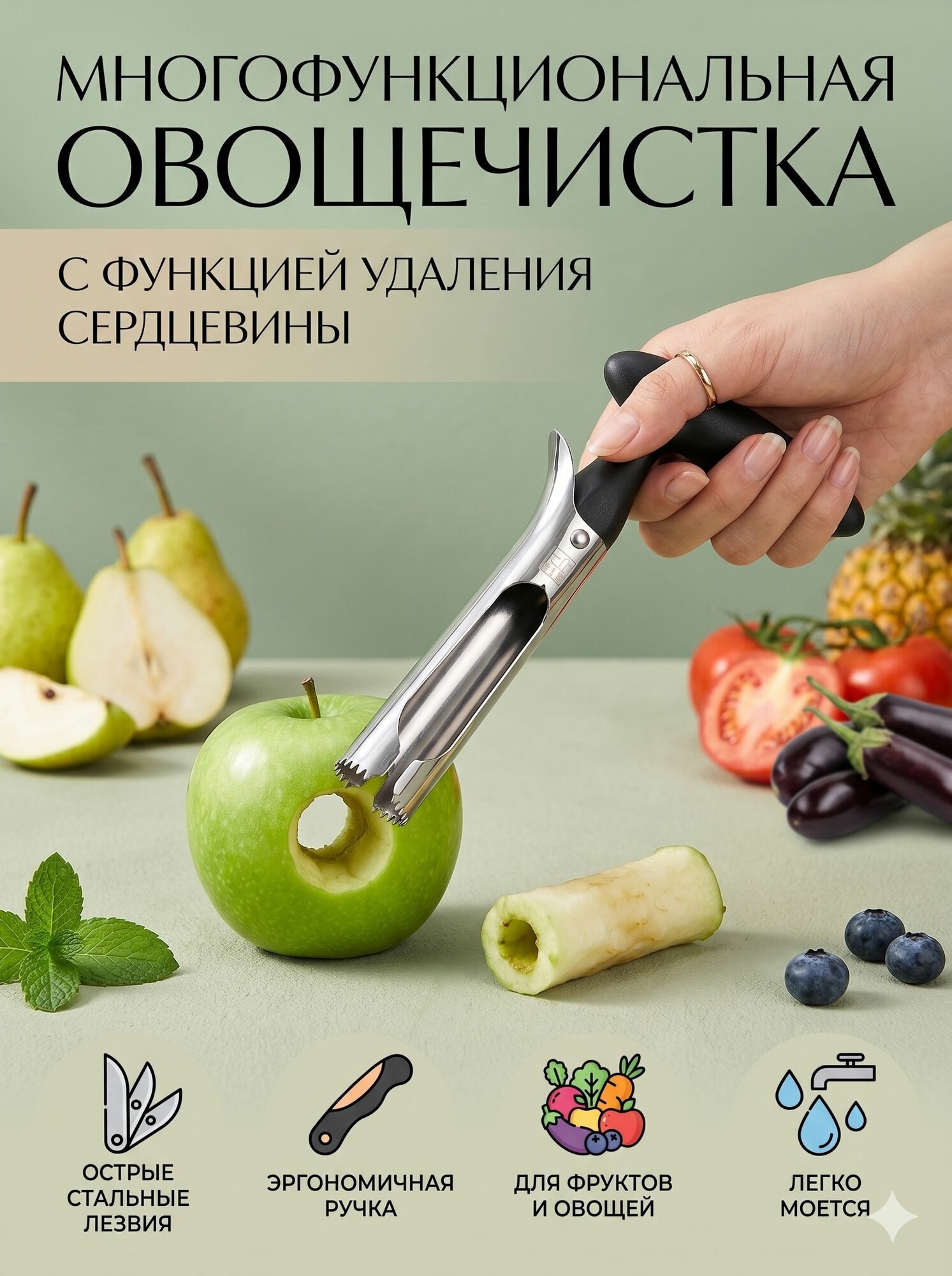 Овощечистка Очиститель для Яблок и Картофеля, Эргономичный Нож для Чистки Фруктов и Овощей, Кухонный Пиллер с Поворотным Лезвием из Нержавеющей Стали, Легкий и Удобный