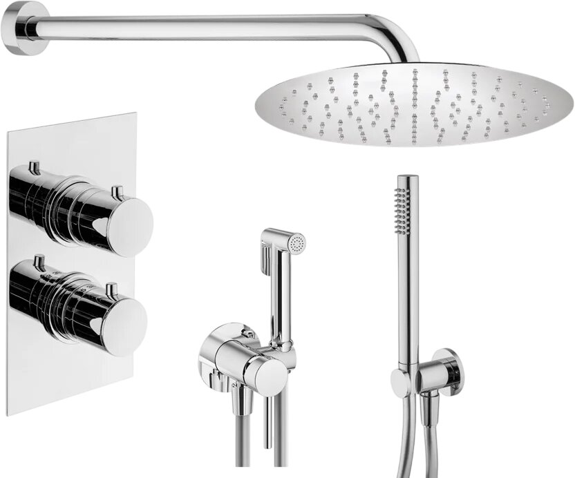 Комплект для ванной Plumberia Selection Ixo KITZXOT18QCR 5 в 1, встраиваемый, с внутренней частью в комплекте, с термостатом, со смесителем, с тропическим душем, латунный, хром, глянцевый, душевая сис