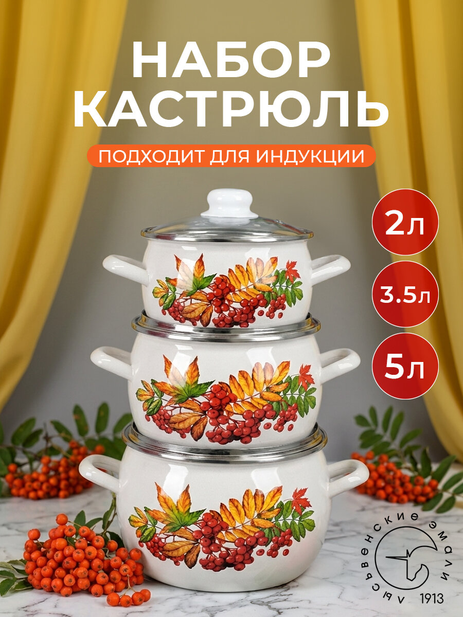 Набор кастрюль с крышкой 3 шт "Рябина", Лысьвенские эмали, набор кастрюль эмалированных, размеры: 2л, 3,5л, 5л