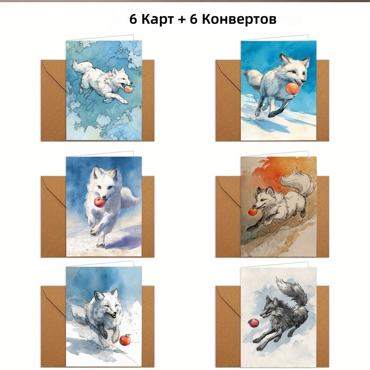 Поздравительная открытка с конвертом, набор из 6 шт, с изображением оранжевого шара, 9х13 см (раскрытая 18х13 см)