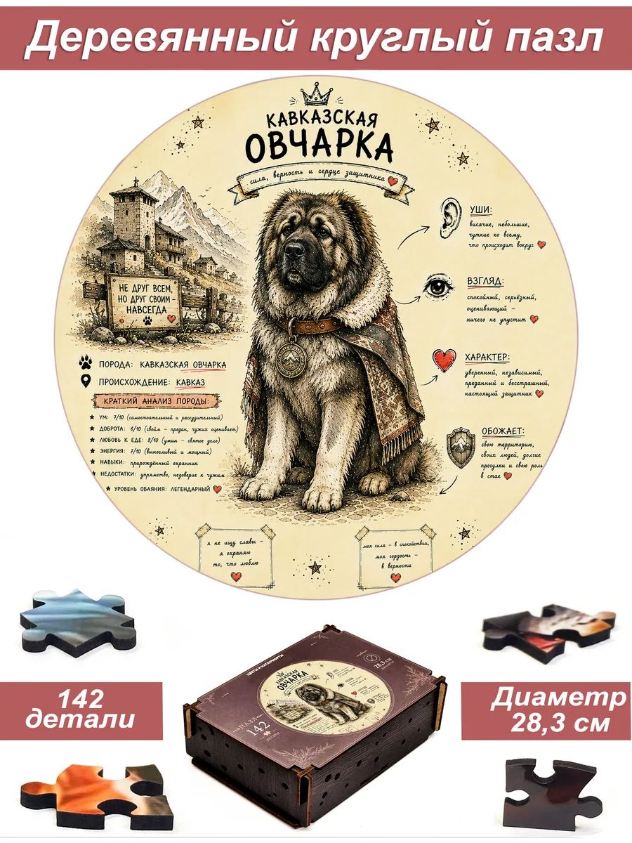 Пазл Алма деревянный круглый 142 детали. Кавказская овчарка
