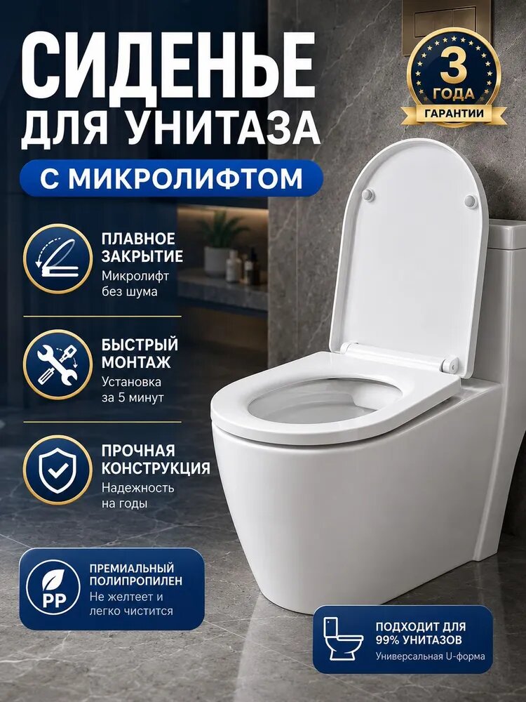 Универсальное белое сиденье для унитаза U-образной формы: с механизмом плавного и бесшумного закрывания (микролифтом) и системой быстрого снятия для легкой установки; размеры 42 x 34 см.