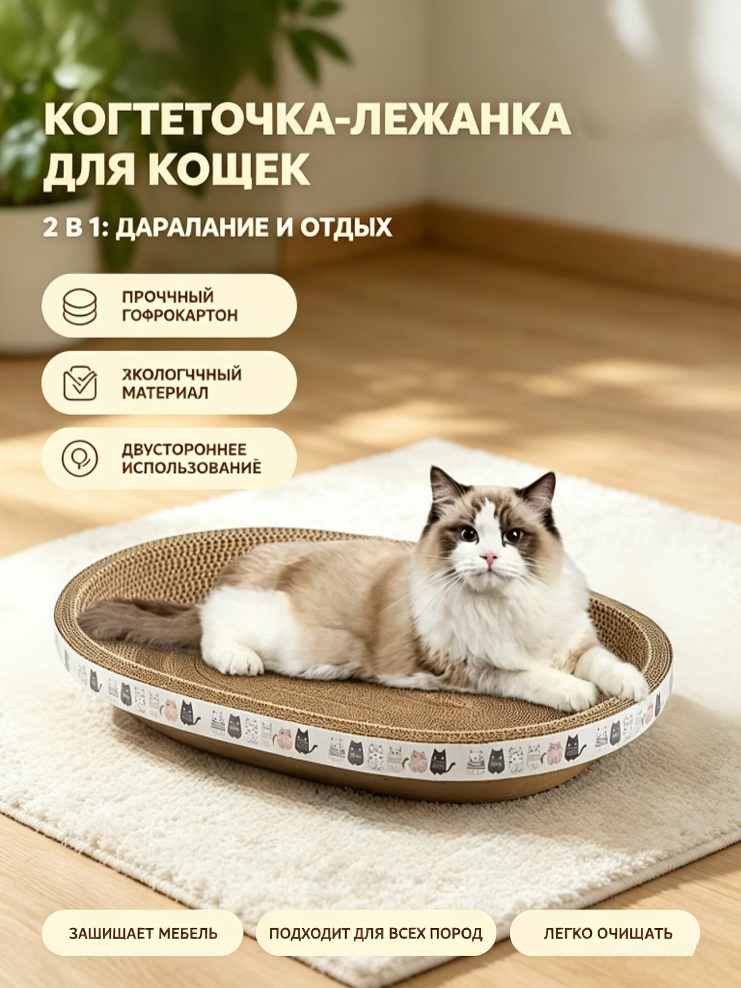 Когтеточка-лежанка 2 в 1 для кошек, овальная картонная когтедралка, двусторонняя, из гофрокартона, домик лежанка для котят и взрослых кошек когтеточка лежанка овальная когтедралка картонный домик двусторонняя когтеточка