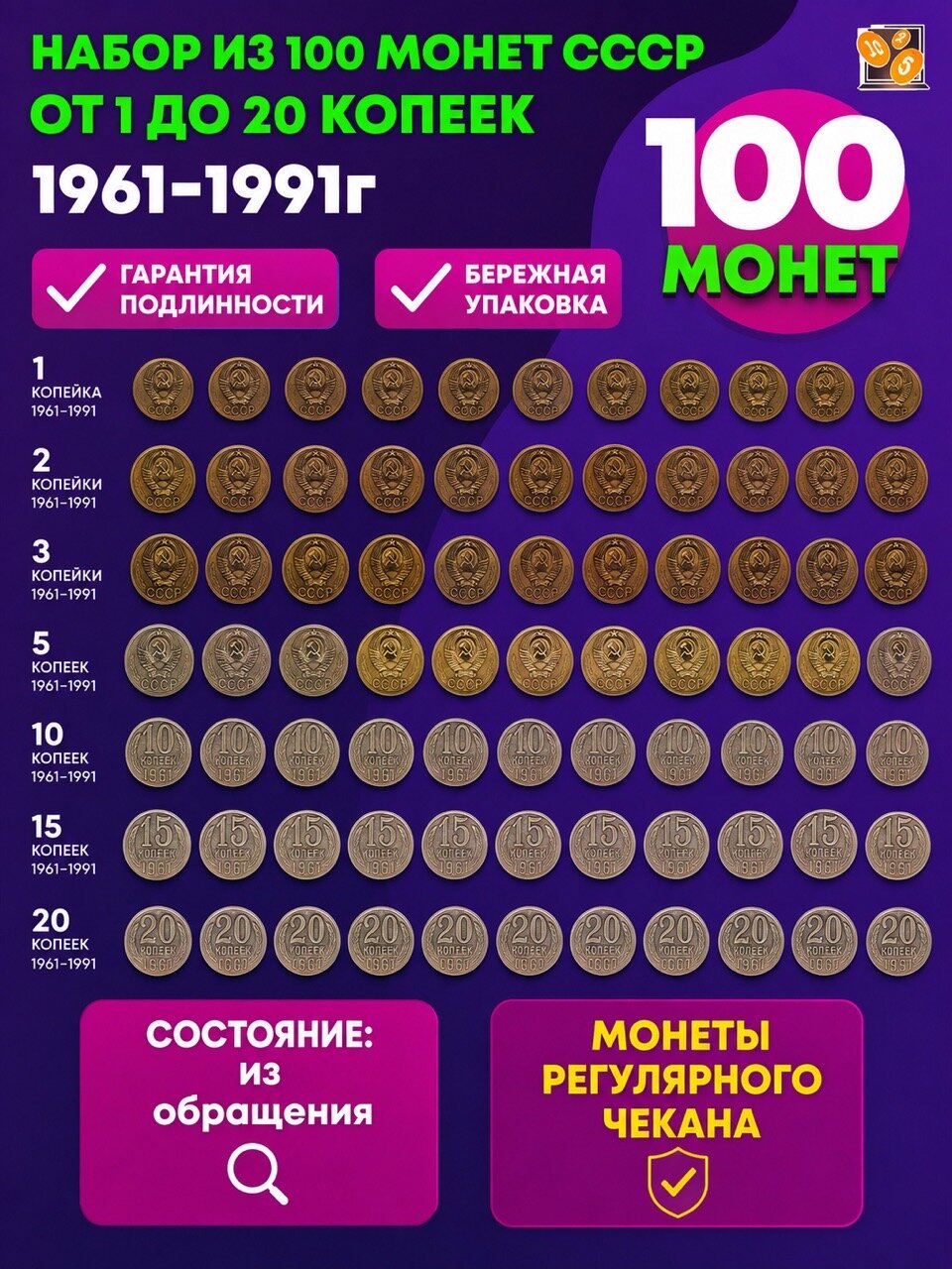 Монеты СССР 1961 - 1991 года Набор из 100 монет , номиналом от 1 копейки до 20 копеек (без повторов). VF