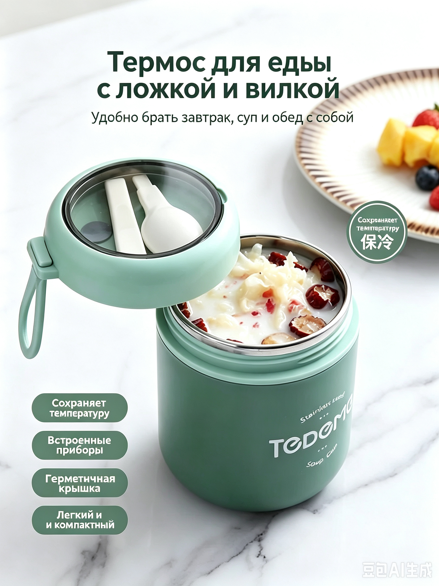 Термос 0.5 л, холод 4 ч, тепло 4 ч, для еды, непроливайка, белый