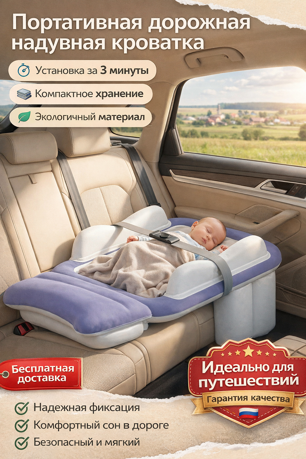 Портативная детская дорожная надувная кровать, универсальная, для новорожденных, с ремнями безопасности