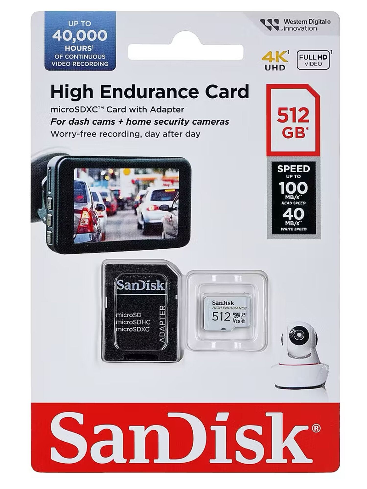 Карта памяти SanDisk MicroSDXC 512 ГБ High Endurance Video Monitoring Card UHS-I U3 V30 (100 Mb/s) Class 10 + SD адаптер
