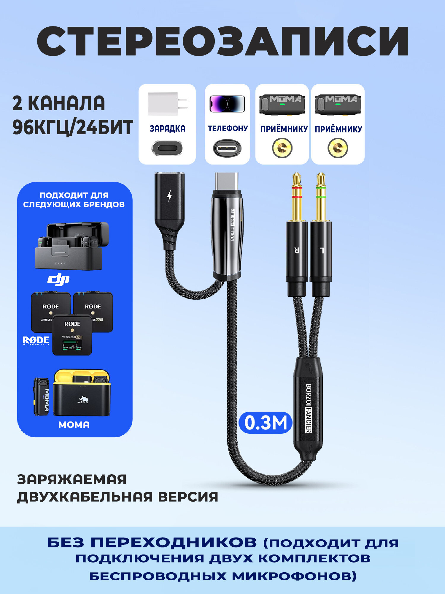 Двухкабельный переходник для стереозаписи 96кГц 24бит с зарядкой PD 60W, для двух комплектов микрофонов, USB-C адаптер для записи музыки на телефон