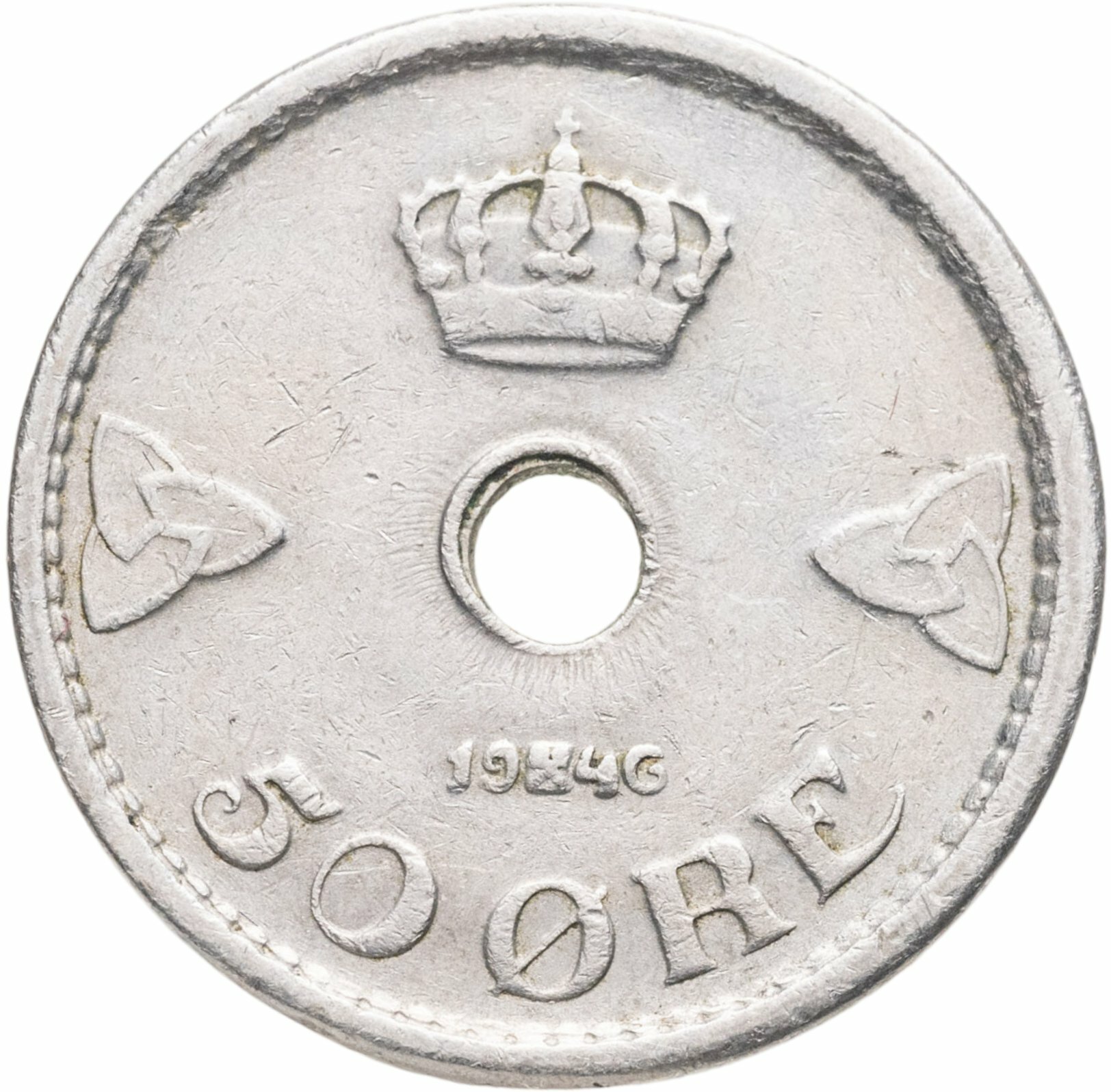 Норвегия 50 эре ore 1946, Мельхиор медь-никель, в сохранности VF