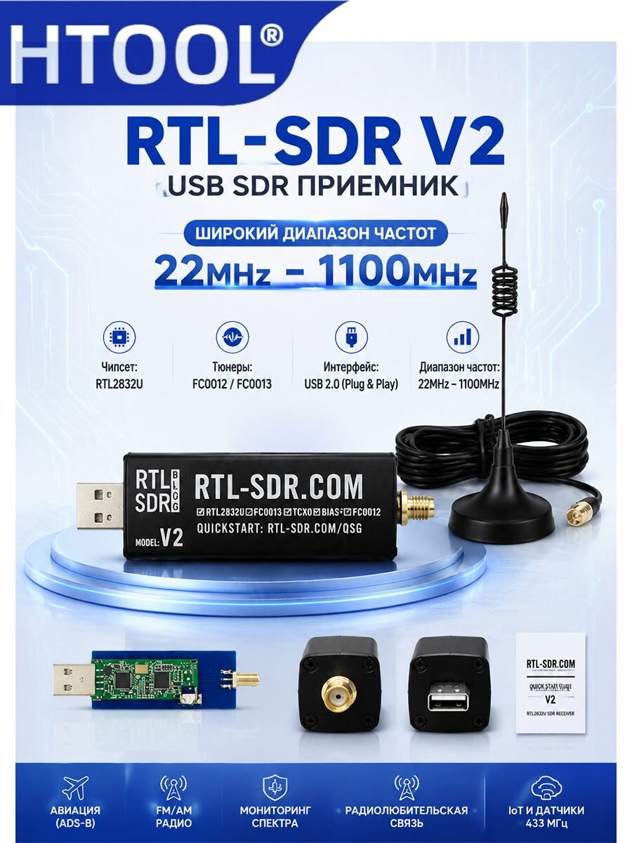 RTL-SDR V2 USB SDR Радиоприемник 22-1100 МГц, RTL2832U, SDR Сканер Радиочастот, ADS-B, FM/AM, Plug & Play