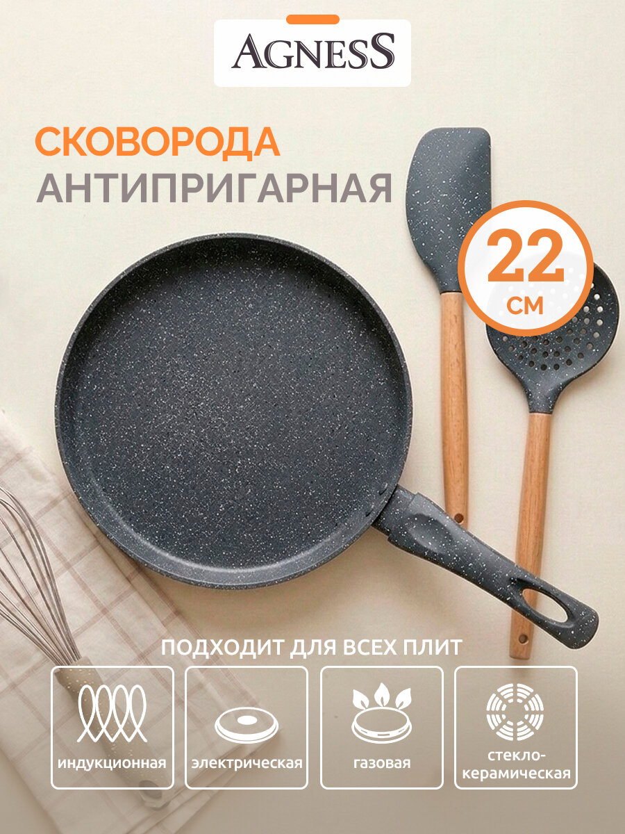 Сковорода Agness Grey, 22 см, алюминий, антипригарное покрытие PFLUON