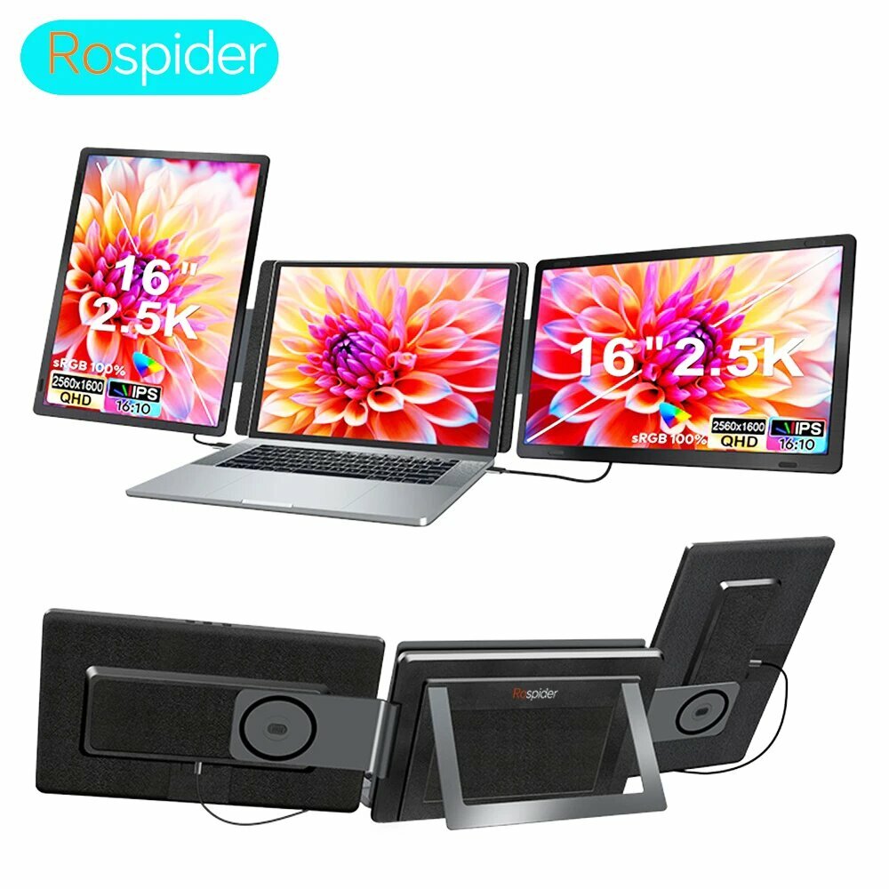 Rospider 16" 2.5K портативный тройной монитор для ноутбуков 12-16.5", съемный тройной экран-расширение, дисплей QHD IPS 2560x1600