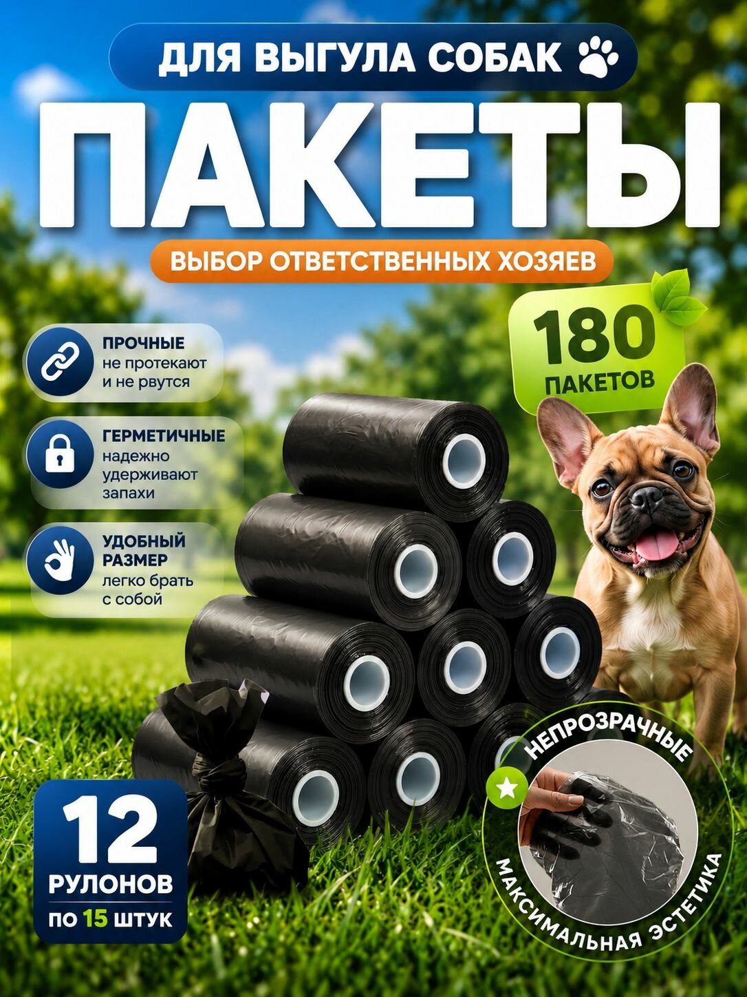 Пакеты для выгула собак 180 шт, 12 рулонов