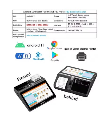 Кассовый аппарат 11,6 дюймов, i5, ОЗУ 4ГБ, SSD 128ГБ, Android POS-терминал с термопринтером 80 мм/ридером NFC/дисплеем VFD для фуд-корта