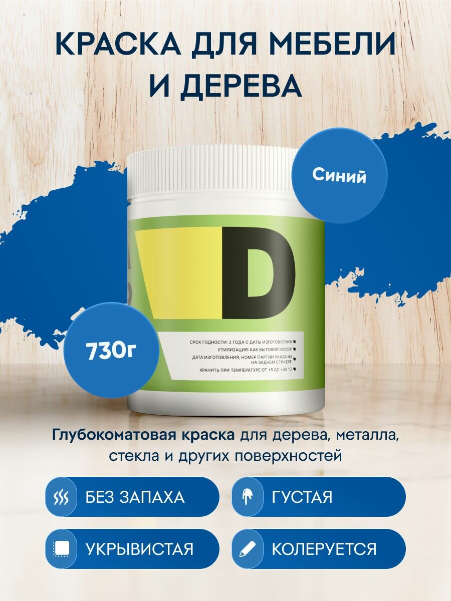 Меловая акриловая краска для мебели DESSA DECOR 730 г, для дерева, кухни, декора, пластика, стекла, цвет синий