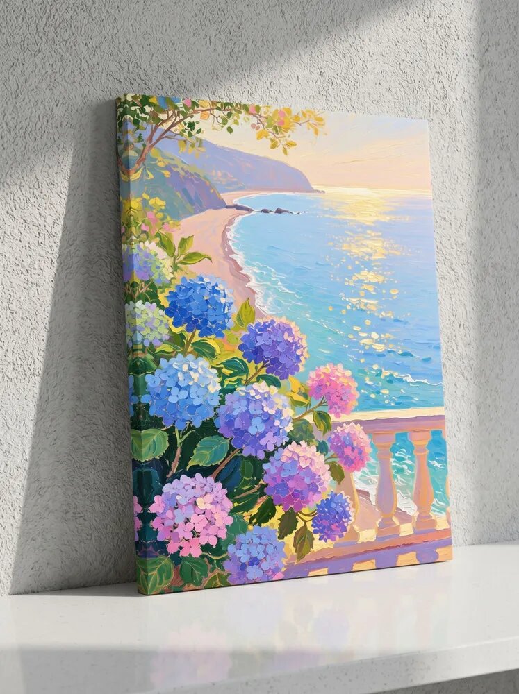 Картина по номерам на холсте на подрамнике 40х50 Chudo Mini - DIY & Decor / Гортензии у моря, морской пейзаж