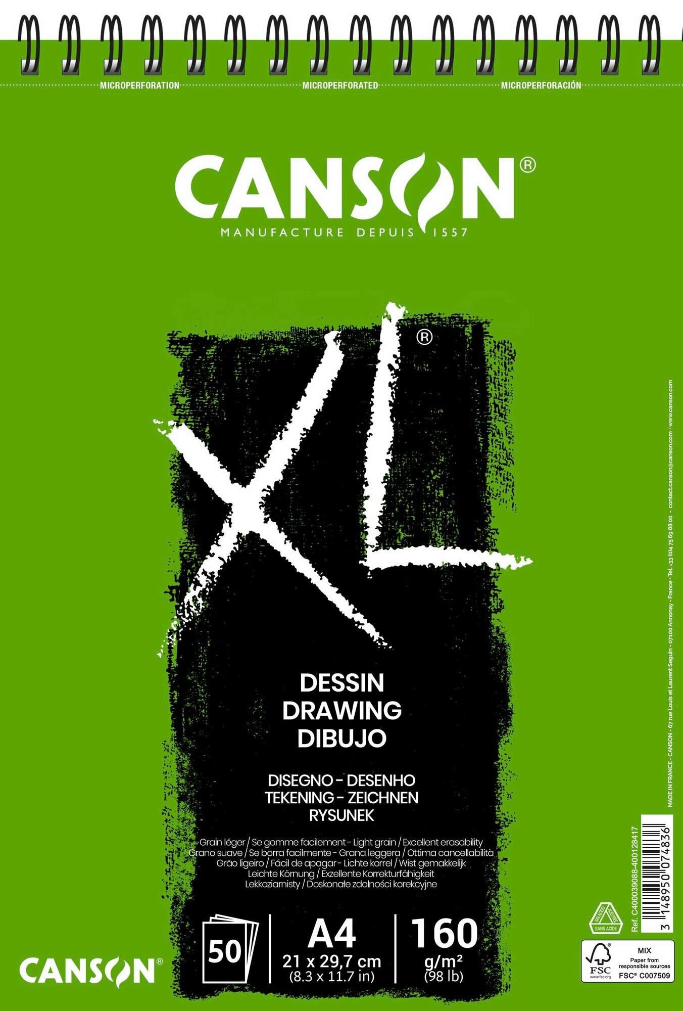CANSON XL Drawing альбом для смешанных техник рисования 160 г/м2, 50 листов A4 21 х 29.7 см, на спирали, C400039088