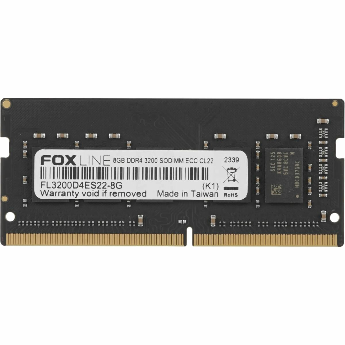 Оперативная память Foxline, DDR4, 8GB (1x8GB), 3200 MHz, CL22, без радиатора, ECC, SO-DIMM