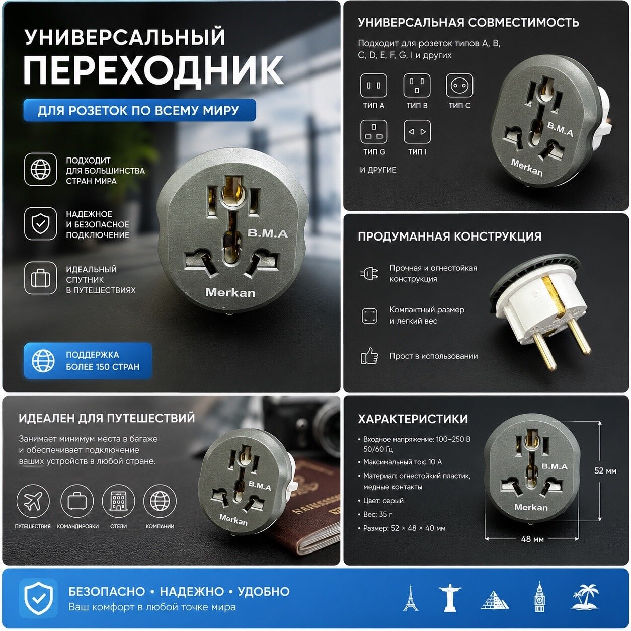 Переходник для розетки евровилка, Адаптер для Дайсон MacBook, белый, 1 шт