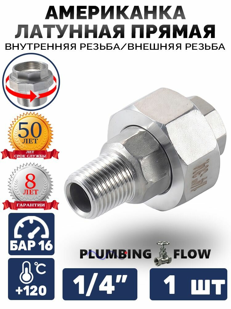 Американка 1/4" из нержавеющей стали (AISI 304), прямая, с комбинированной резьбой (наружная/внутренняя) 1 шт.