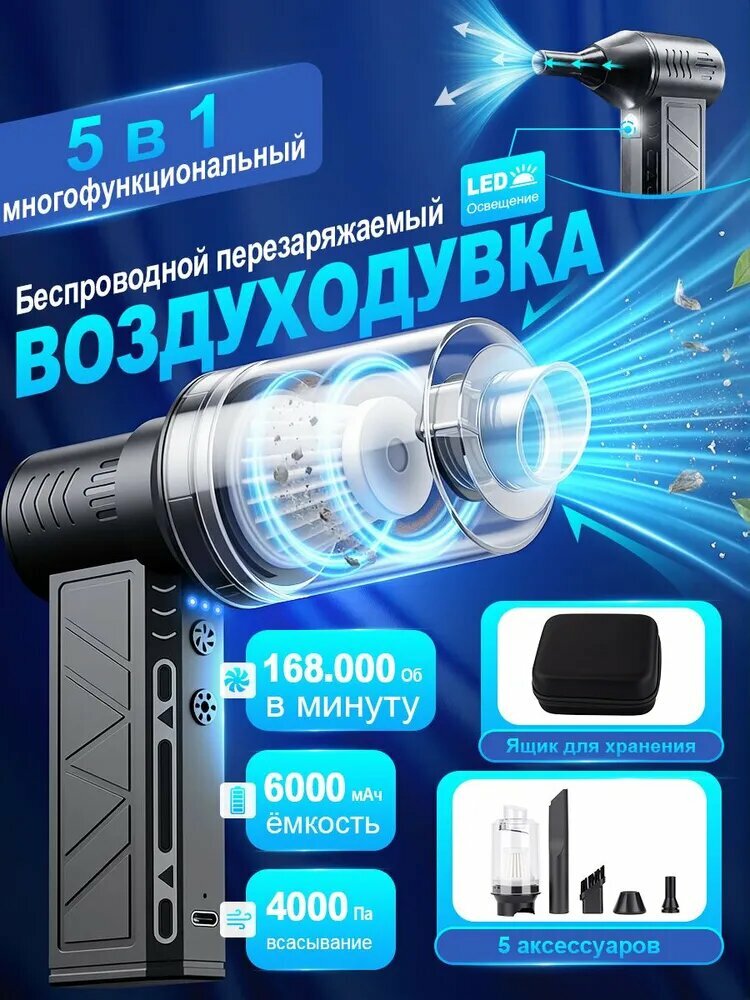 Пылесос воздуходувка аккумуляторная мощная 5 в1, Пылесос для автомобиля аккумуляторный, для уборки в автомобиле, чистки клавиатуры, разжигания угля на гриле и уборки в доме