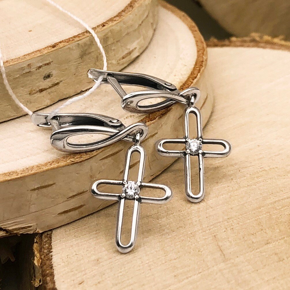 Серьги конго, серебро, 925 проба, оксидирование, чернение, фианит