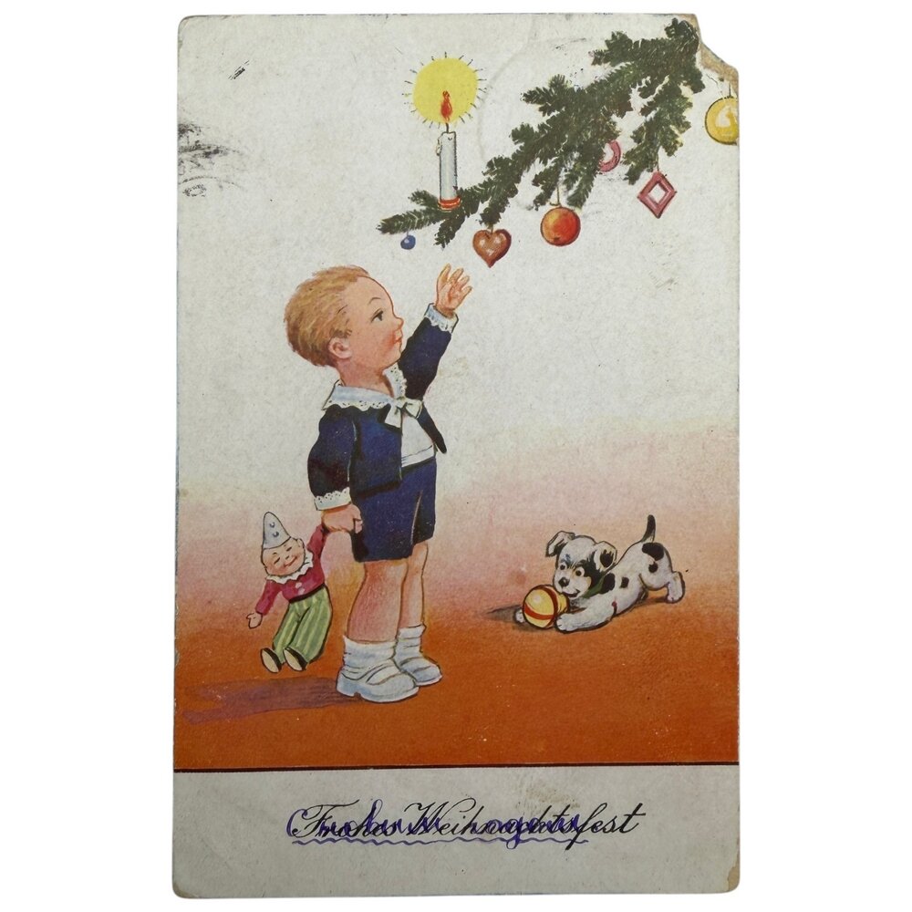 Почтовая открытка "Маленький мечтатель у новогодней ветки" 1900-1910 гг. Германская Империя