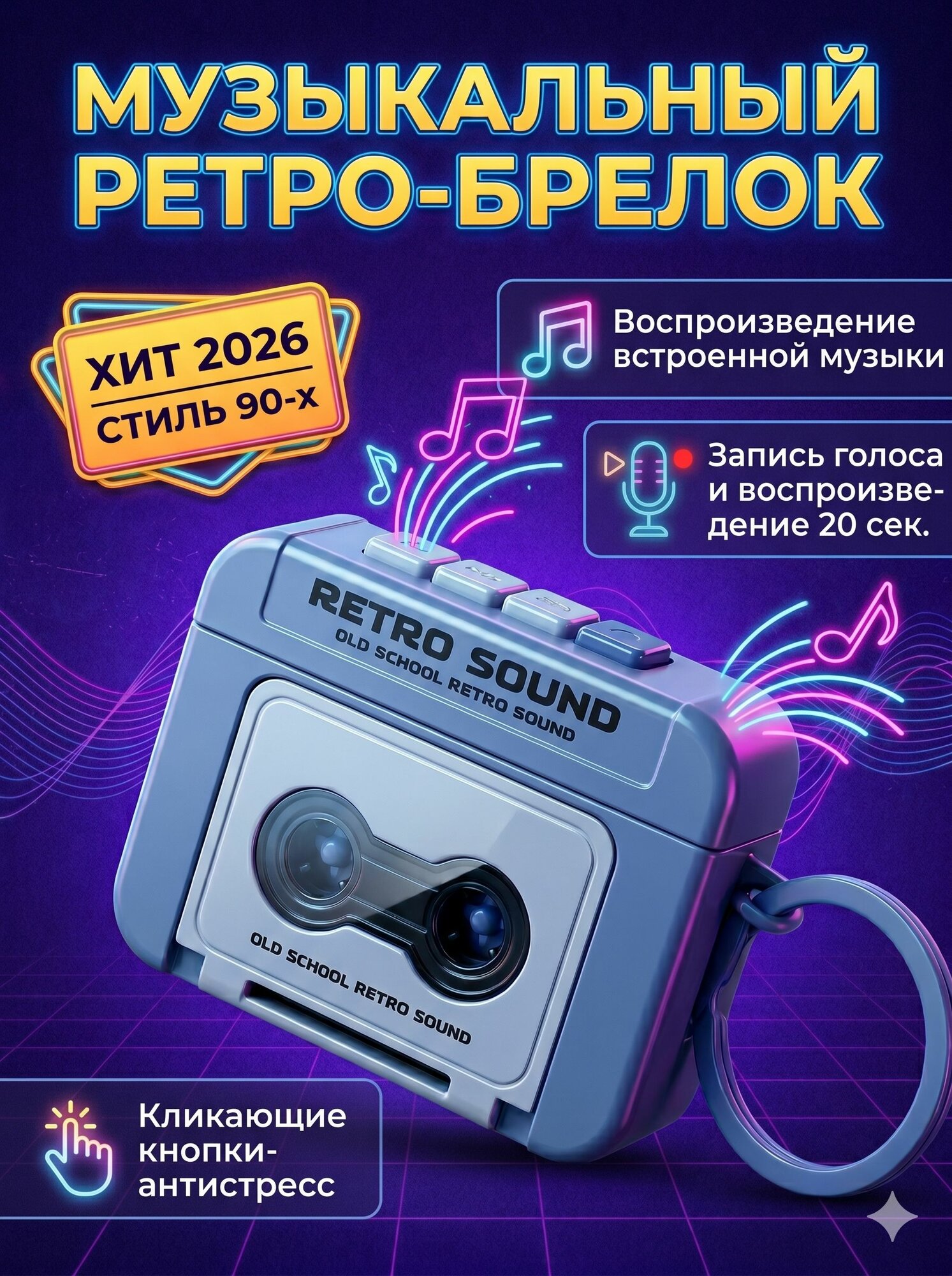 Брелок музыкальный Ретро-Кассета: Диктофон и Антистресс