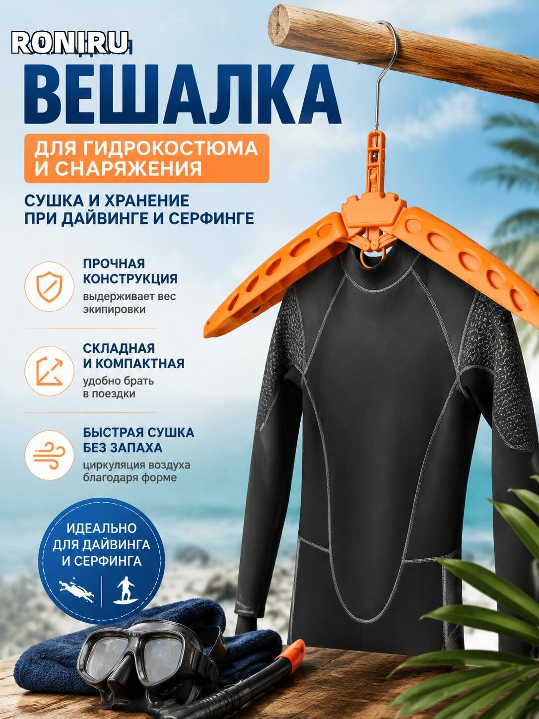 Складная вешалка для гидрокостюма и снаряжения — прочная и компактная для сушки и хранения при дайвинге и серфинге