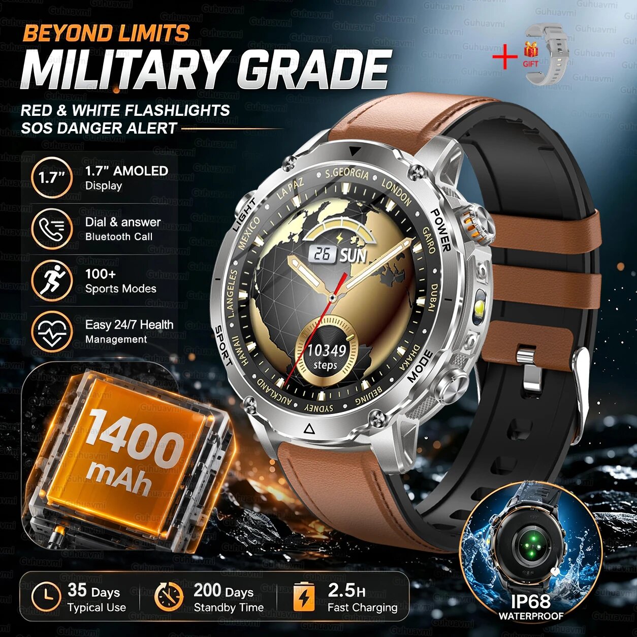 Умные часы для мужчин GPS трекер IP68 1400 мАч Brown Leather