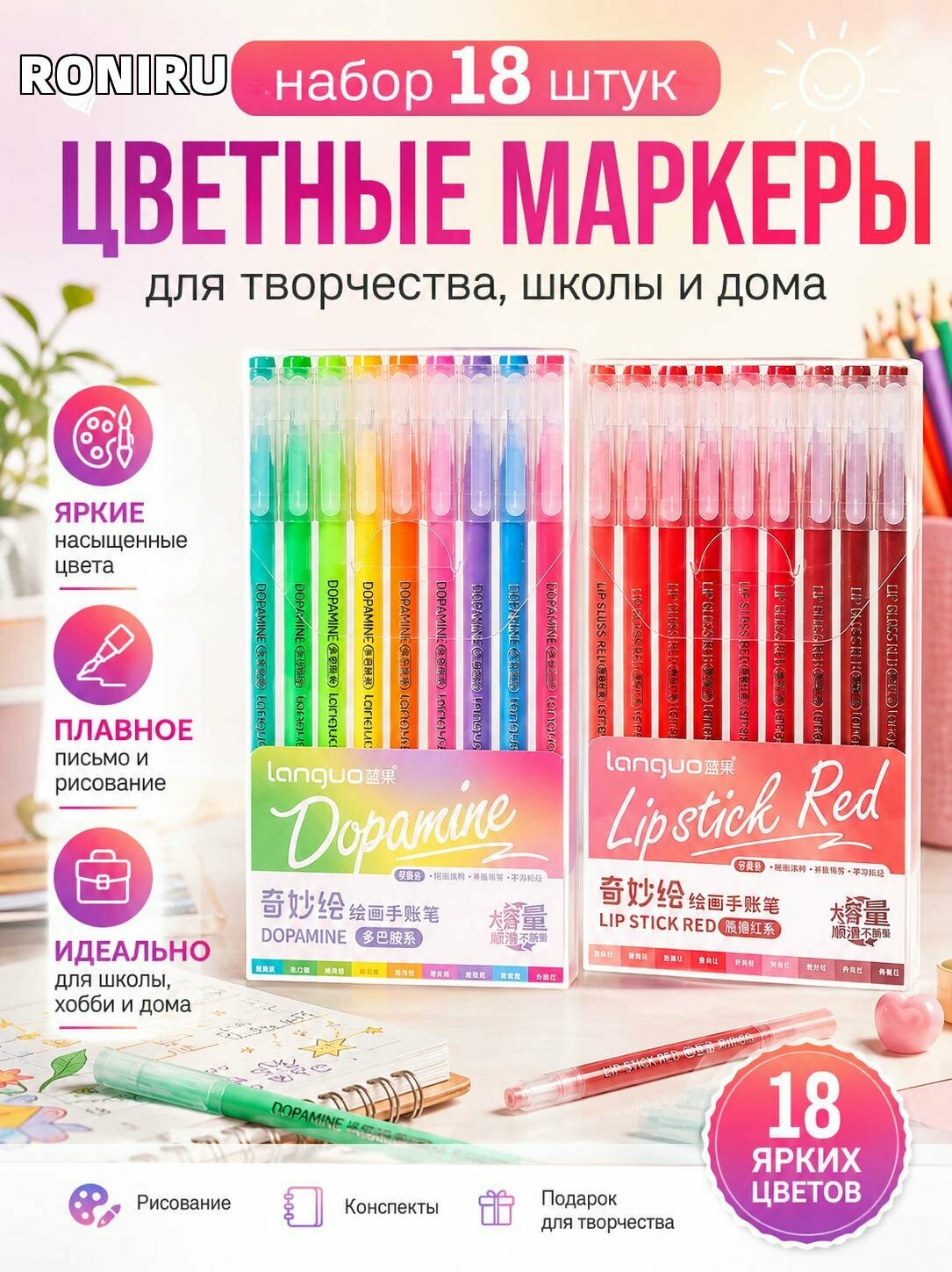 Набор цветных маркеров Mr.Paper 18 штук для рисования, письма и творчества — яркие цвета для школы, хобби и дома