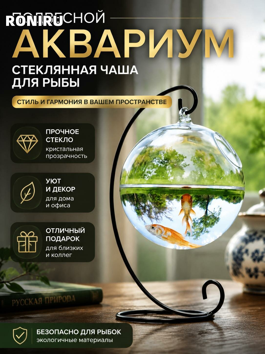 Аквариум подвесная стеклянная чаша для рыбы — прозрачная миска для дома и офиса с черным или белым держателем!