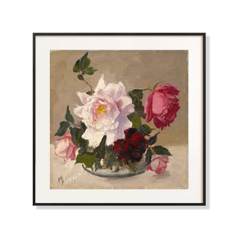 Французская картина с розами и акрилом, 40x40 см, черная алюминиевая рамка с картоном и холстом