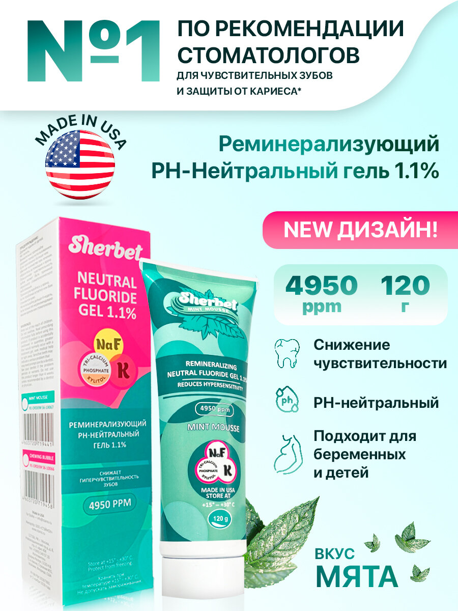 Реминерализующий гель Sherbet 1,1% (4950 ppm) ментоловый мусс 120 г