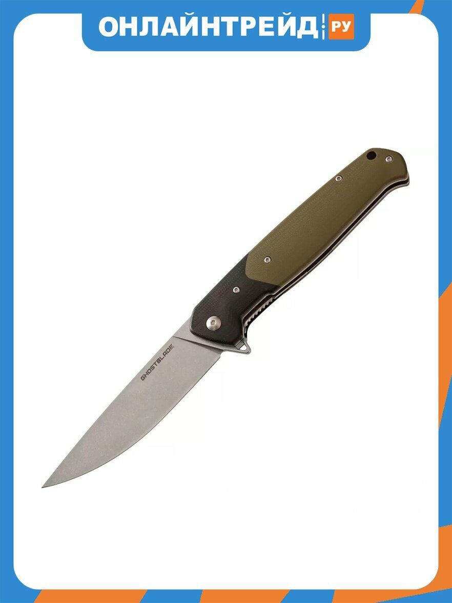 Ghostblade Нож складной Rune, сталь D2, Stonewash, 58-62 HRC, Drop-point, рукоять G10 оливковая, замок Liner lock