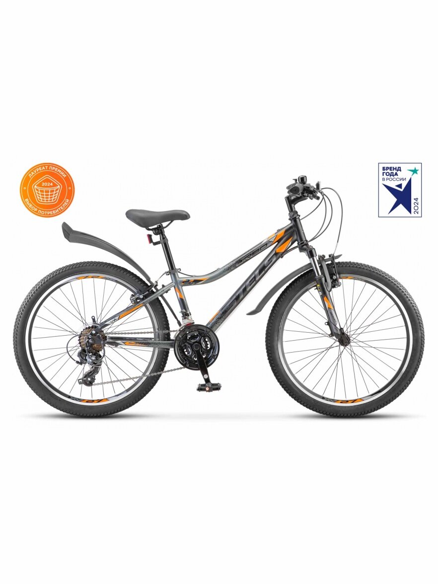 Stels Подростковый велосипед 24" Turbo 410 V Z010 (рама 12) (21-ск.) Черный/серый/оранжевый 2025 (М)