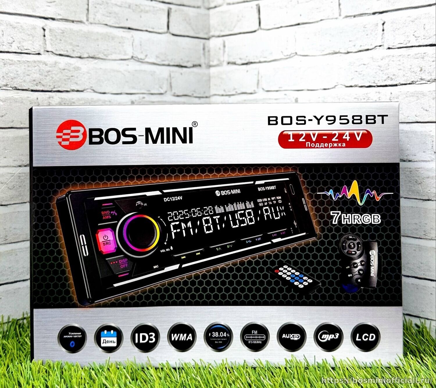 Автомагнитола BOS-MINI 958 с Bluetooth, USB, AUX поддержка 12V и 24V