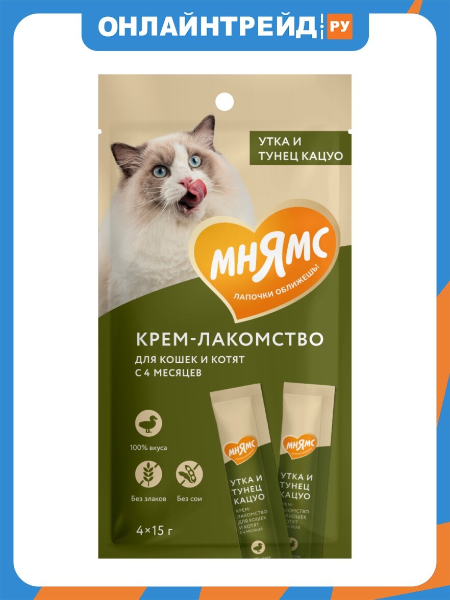 Крем-лакомство Мнямс для кошек с уткой и тунцом Кацуо 15 г х 4 шт.