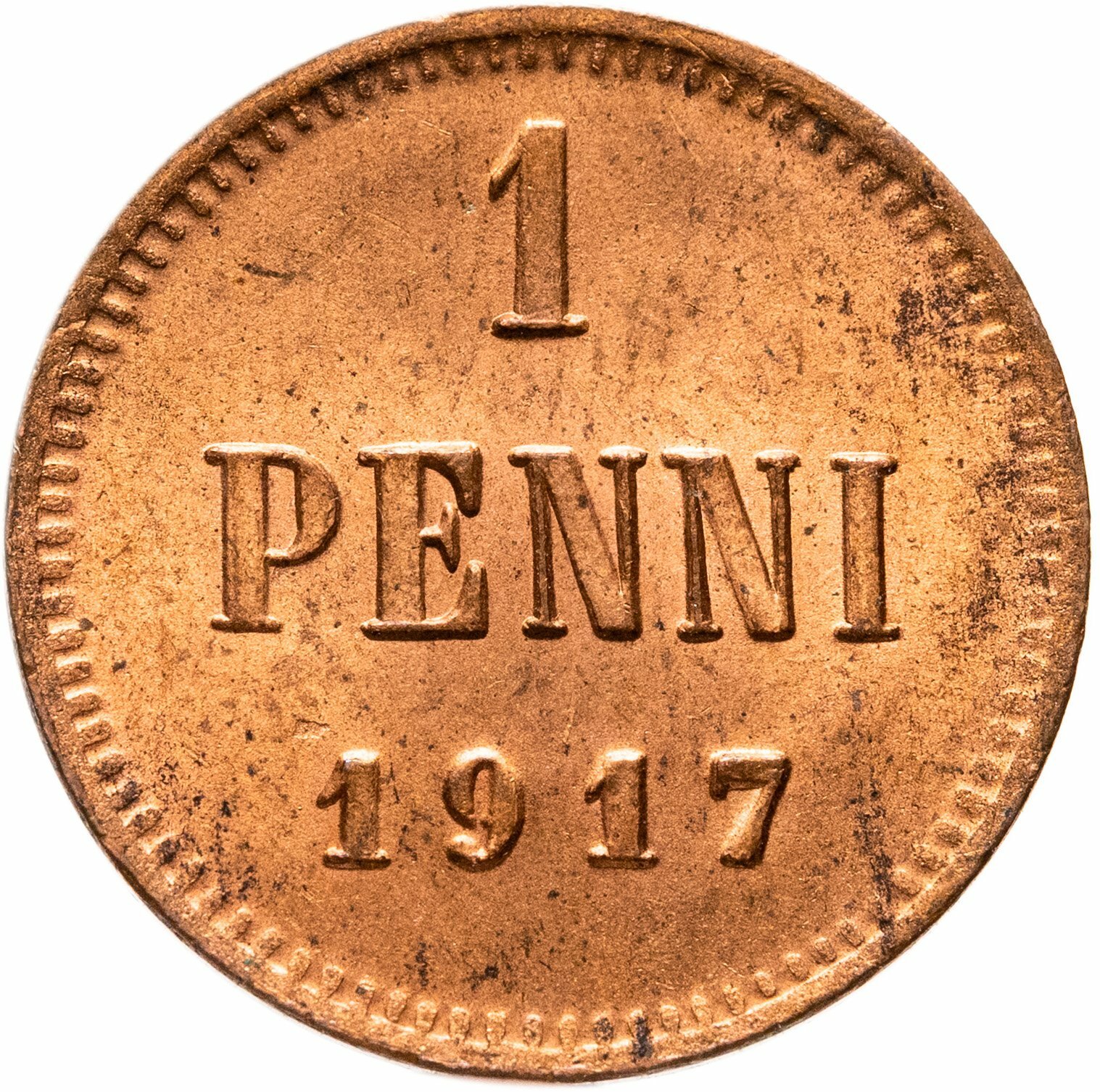 1 пенни penni 1917 Российская Финляндия, Медь, в сохранности UNC